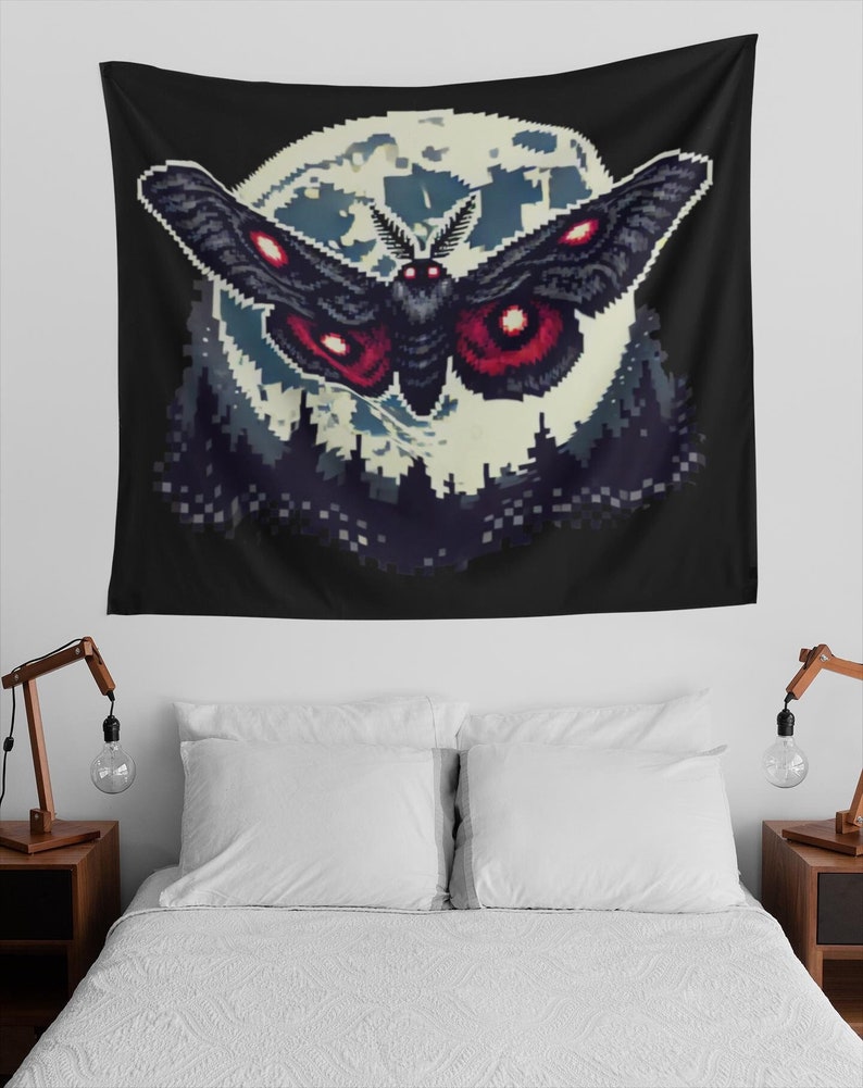 Mothman Pixel Art Wall Tapestry, Spooky Moonlit Cryptid Decor ...