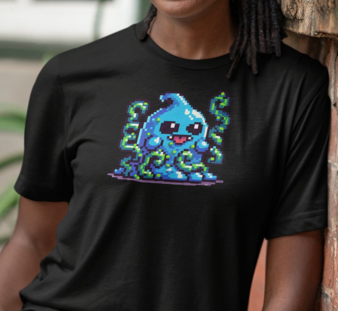 Retro Blue Slime Monster Pixel Art Tee - Funny Gamer Shirt, Unisex ...