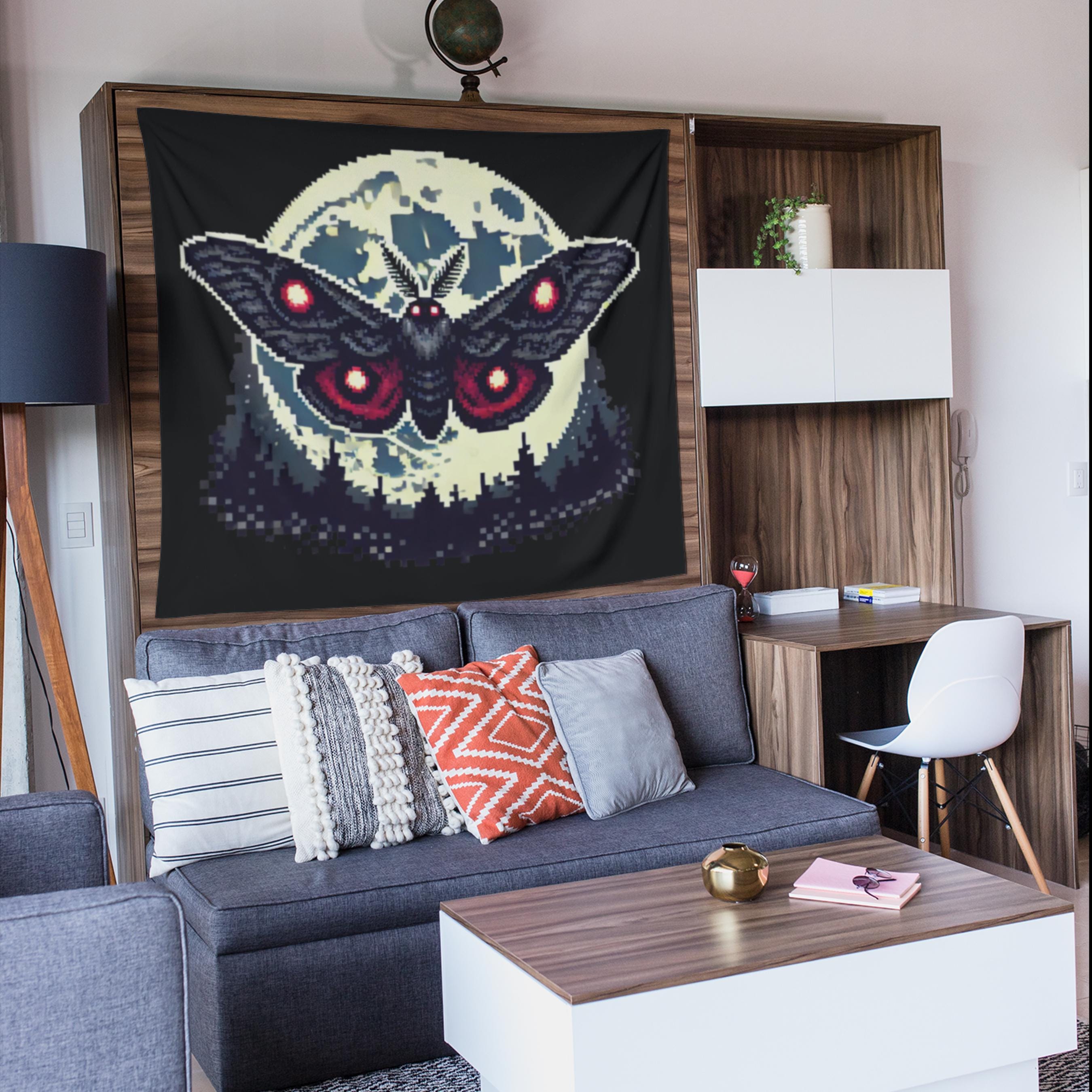 Mothman Pixel Art Wall Tapestry, Spooky Moonlit Cryptid Decor ...