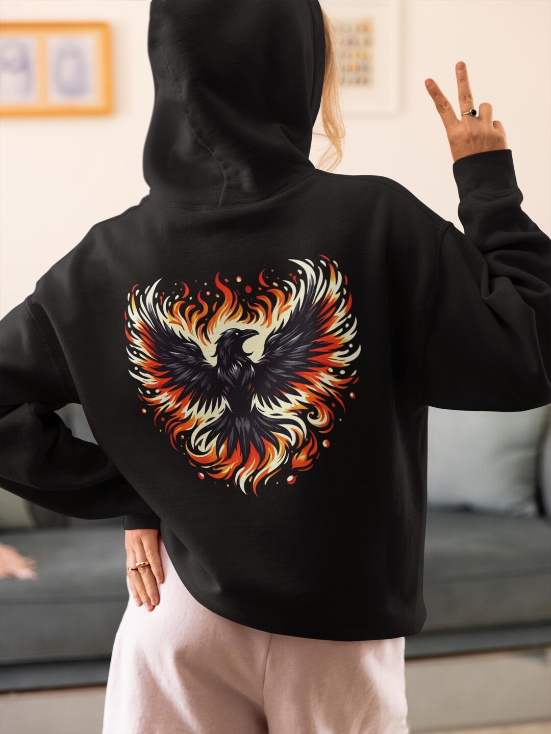 Inferno Raven Graphic Hoodie, Bold Firebird Design, Cozy Cotton-poly ...