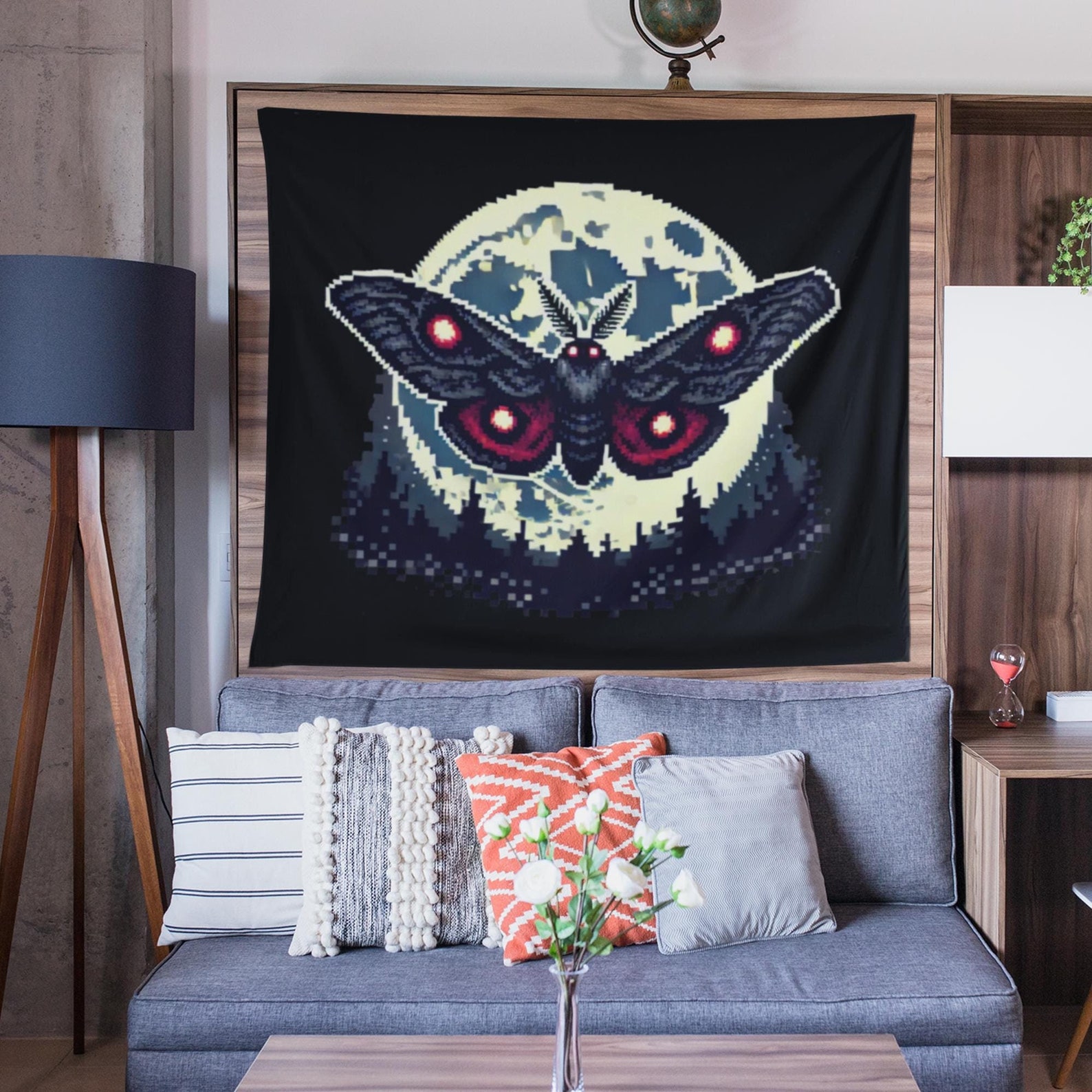 Mothman Pixel Art Wall Tapestry, Spooky Moonlit Cryptid Decor ...