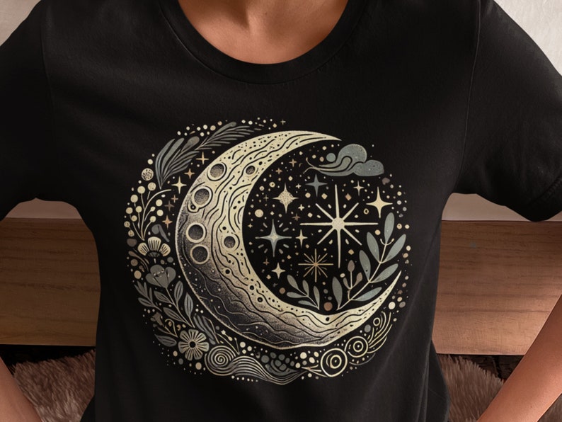 Mystical Crescent Moon T-shirt, Boho Whimsigoth Celestial Art Tee ...