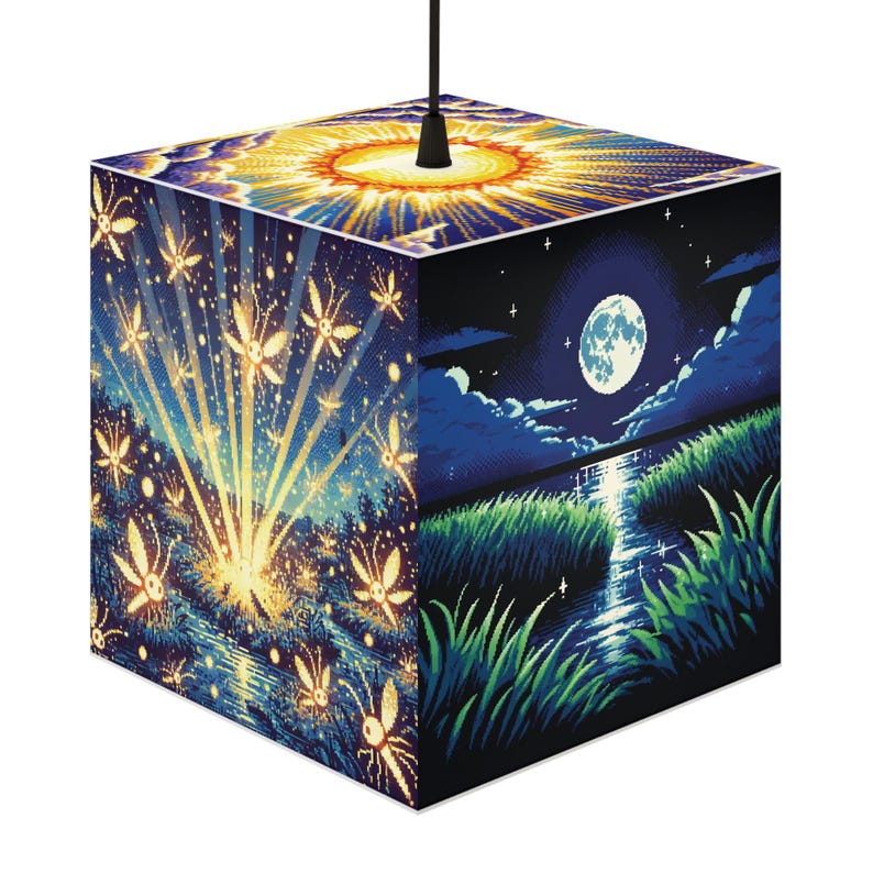 Pixel Art Cube Lamp, Retro Nature Scene Decor, Campfire, Forest, and ...