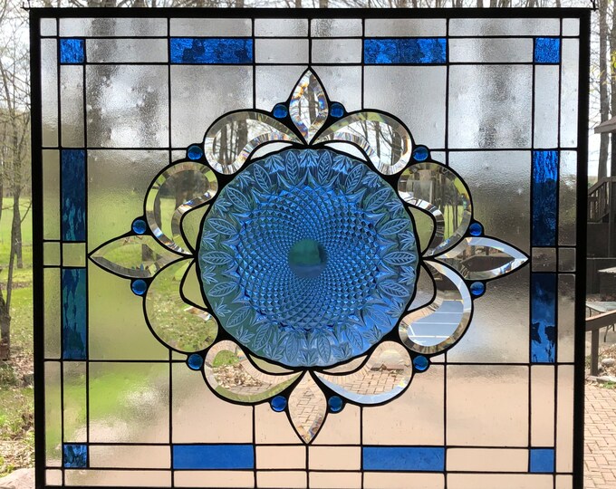 Large Stained Glass Panel Hanging Sapphire Blue 24 X27 - Etsy