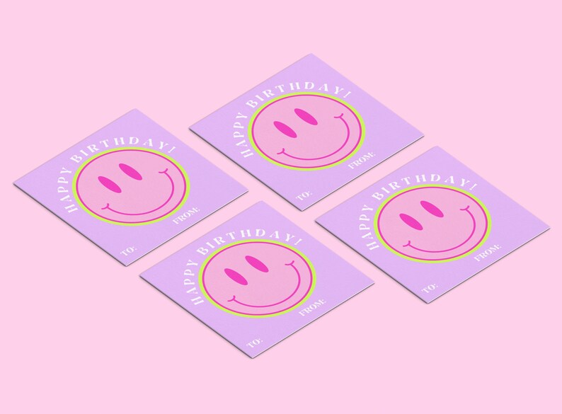 Neon Pink+ Purple Smiley Face Printable Gift Tag Sticker - Birthday ...