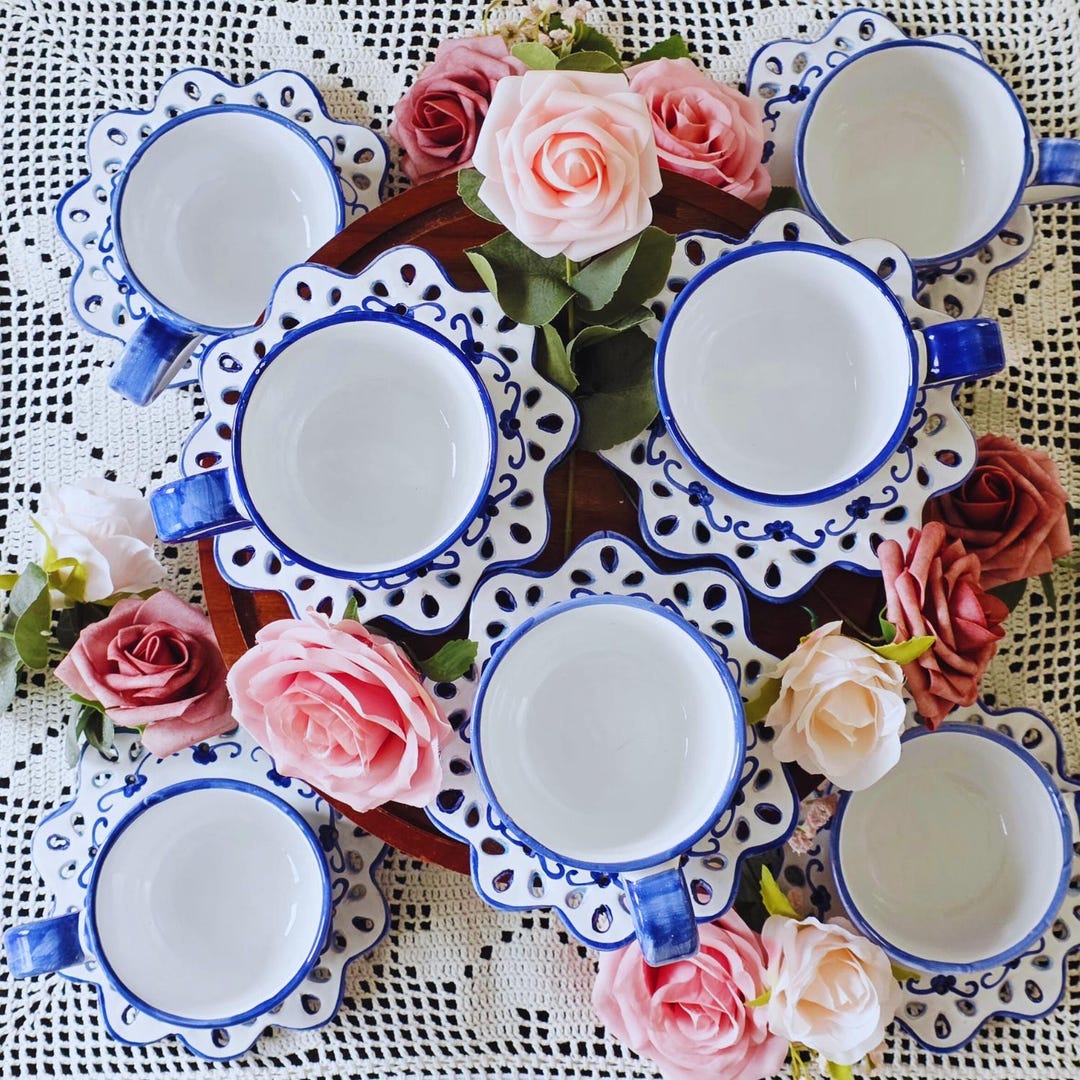 Vintage Italian Pottery Tea Set Scalloped Blue White Ceramic Teacup ...