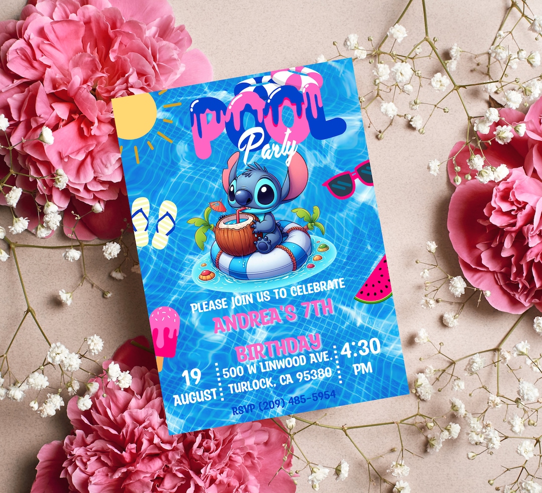Stitch Pool Birthday Invitation Stitch Splash Waterslide Party Stitch ...