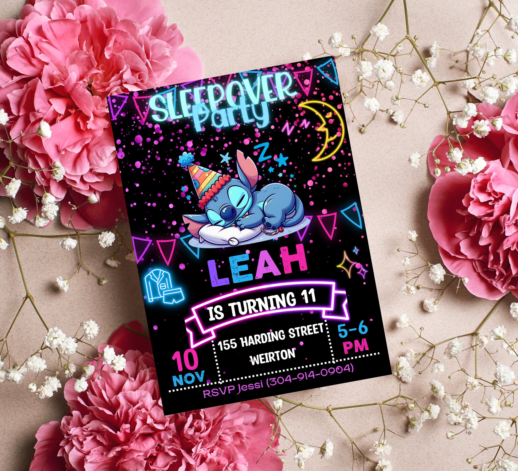 Editable Stitch Neon Sleepover Birthday Invitation Template, Canva ...