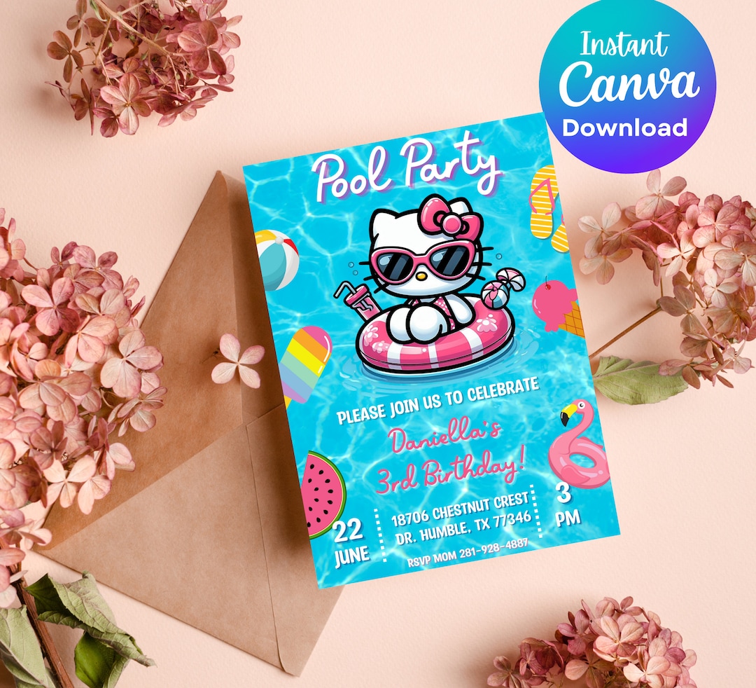 Kitty Pool Party Invitation Self-editable in Canva Kawaii Summer ...