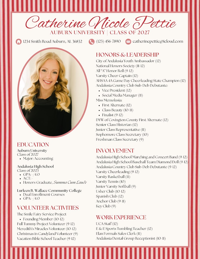Red Stripe Sorority Recruitment Rush Resume Package: Custom Resumes ...