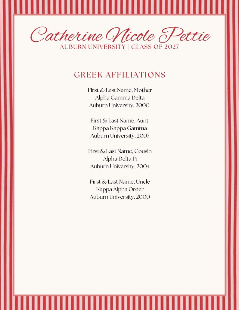 Red Stripe Sorority Recruitment Rush Resume Package: Custom Resumes ...