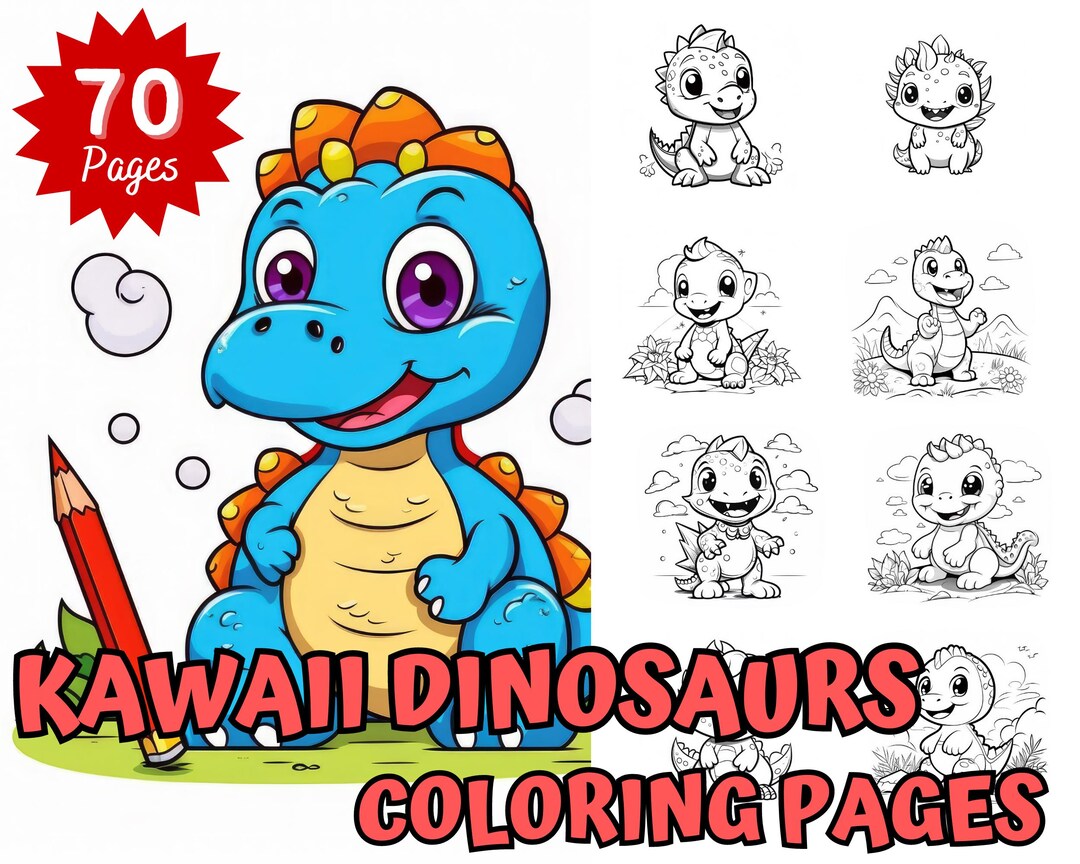 Kawaii Dinosaurs Coloring Pages, 70 Pages, Cute Kawaii Dinosaurs ...