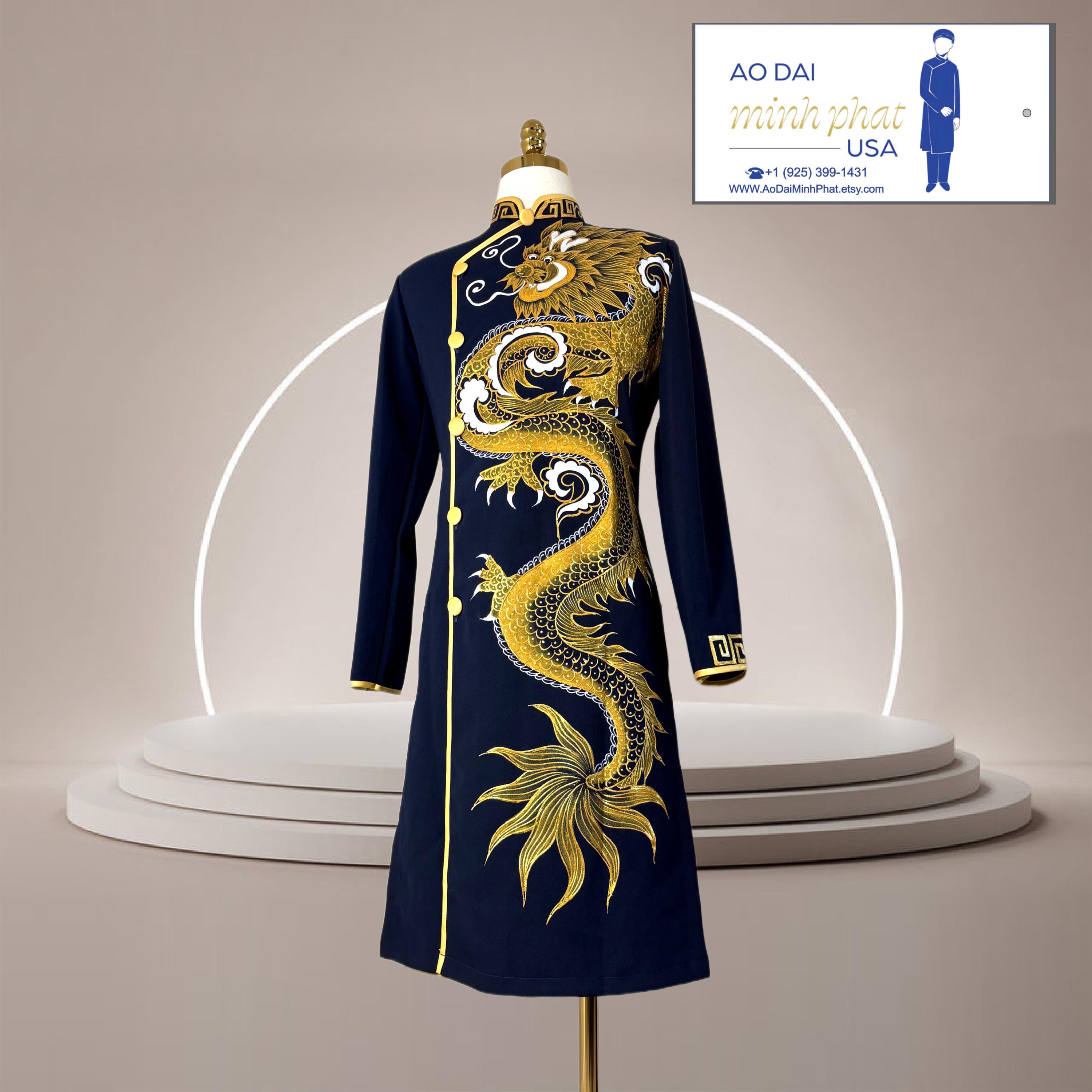 Navy Blue Dragon Ao Dai for Men, Hand Painted Vietnamese Traditional ...