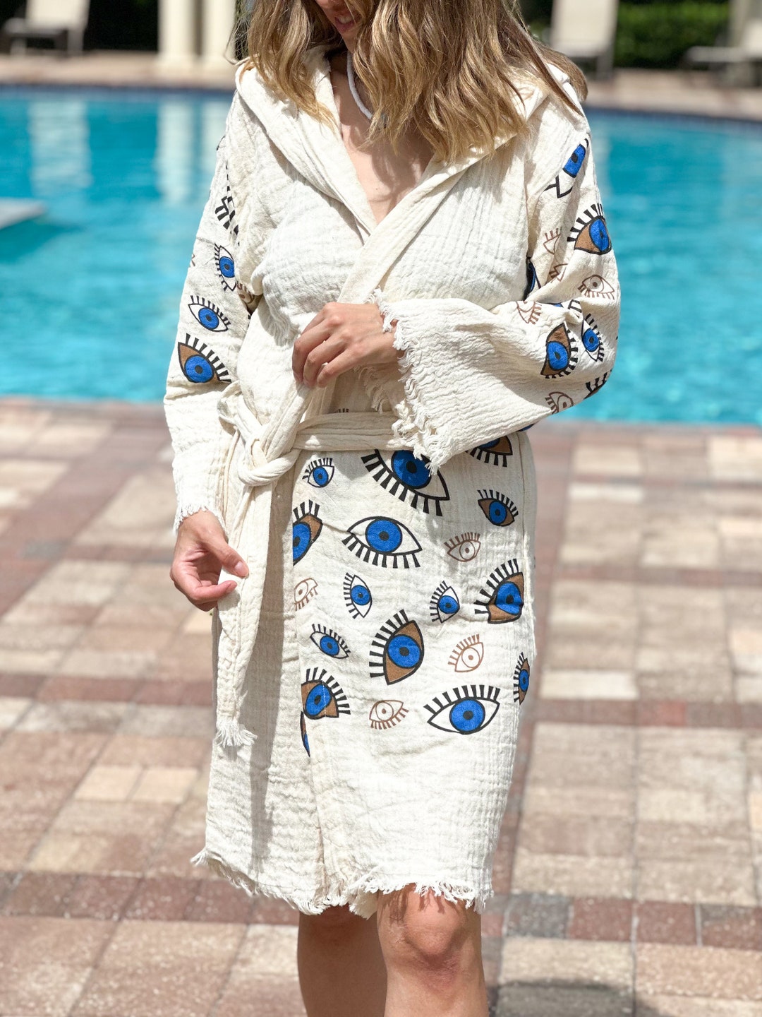 Evil Eye Robe , Natural Beachwear, Organic Cotton Robe, Hoodie Bath ...