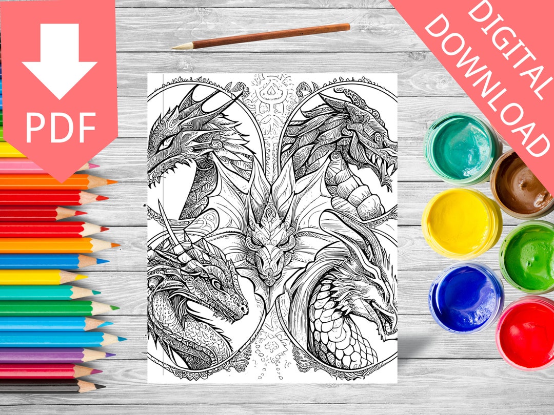 Fantasy Dragon Coloring Pages, Printable Dragon Coloring Pages, Digital ...