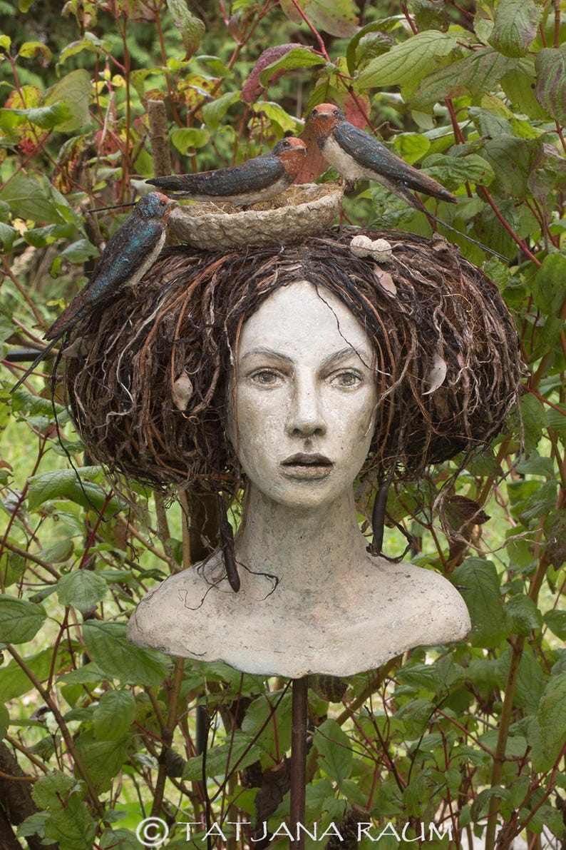 Original Sculpture, One of a Kind, Woman Bust With Birds From Clay ...
