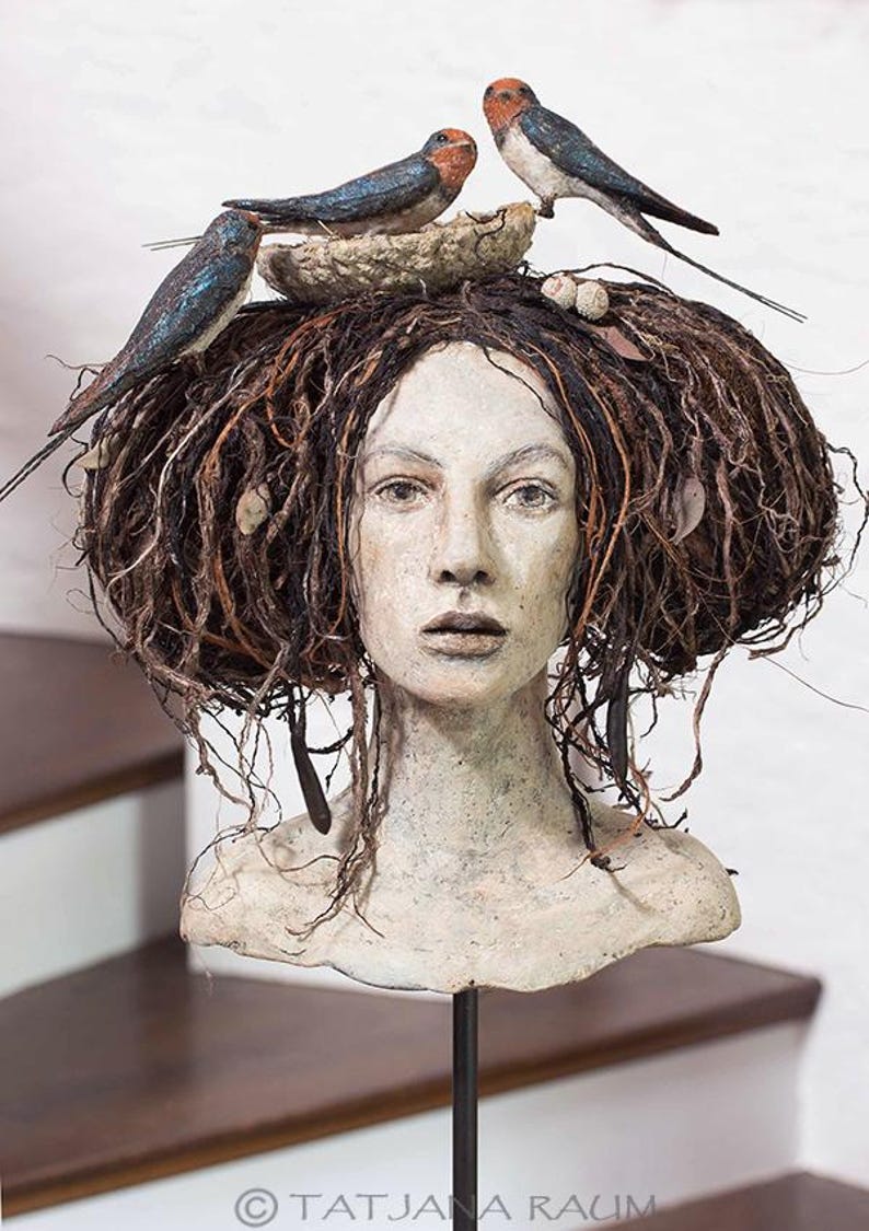 Original Sculpture, One of a Kind, Woman Bust With Birds From Clay ...