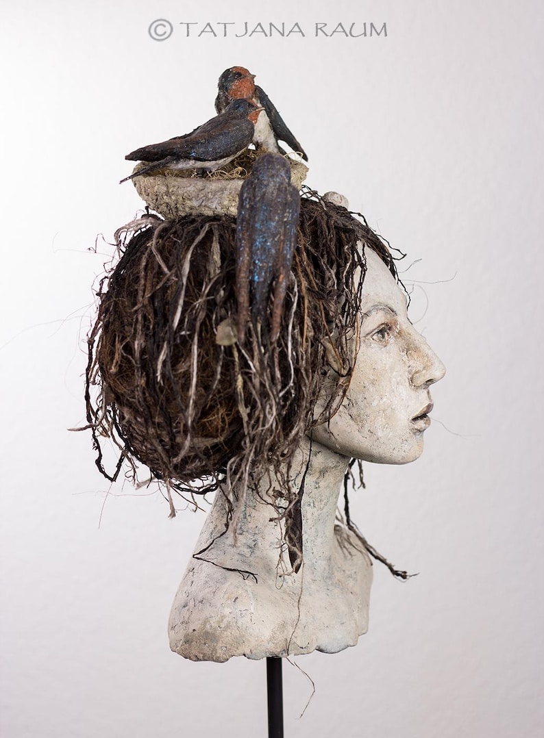 Original Sculpture, One of a Kind, Woman Bust With Birds From Clay ...