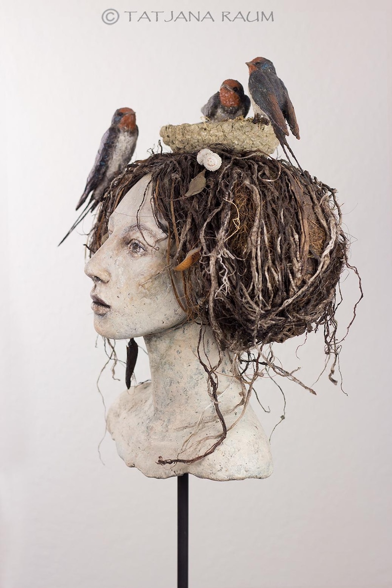 Original Sculpture, One of a Kind, Woman Bust With Birds From Clay ...