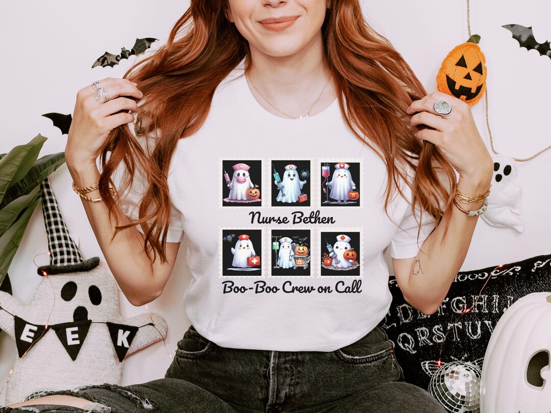 Custom Name Cute Ghost Halloween Nurse Matching Group Crew Shirt ...