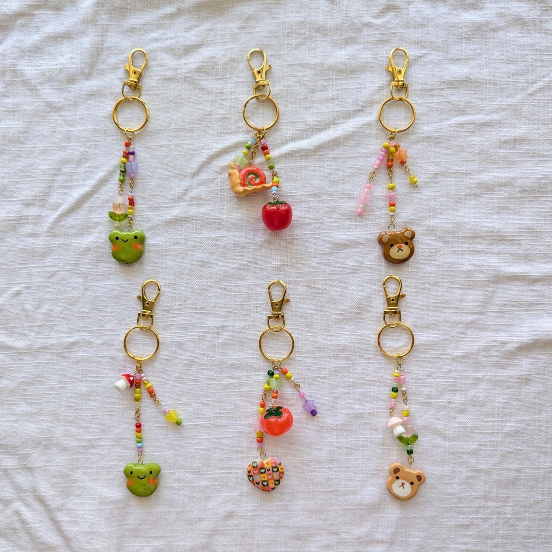 Colorful Beaded Clay Charm Keychains Handmade and Cute Mushroom, Frog ...