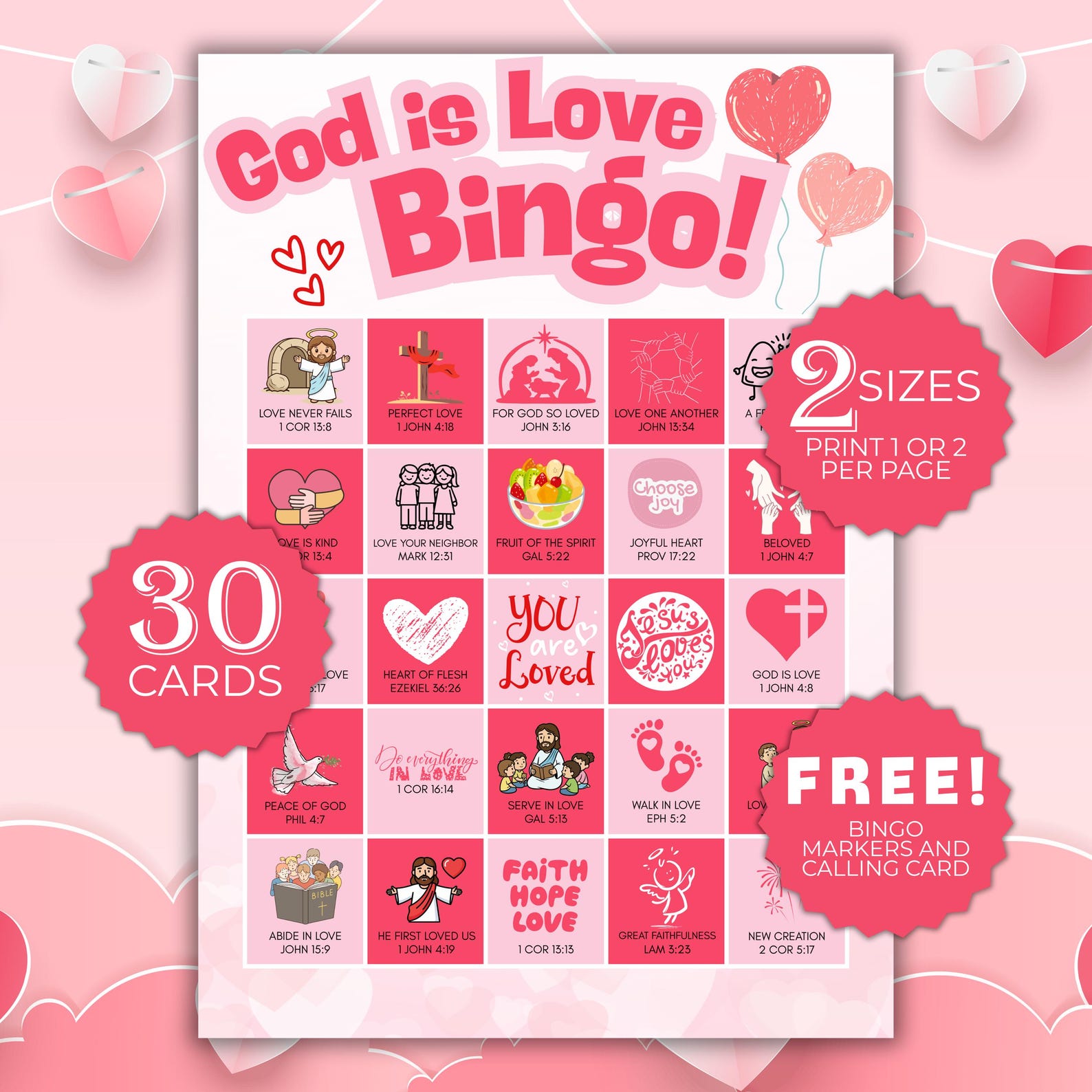 God is Love Bingo Card Game Set With Bible Verses | 2 Sizes (8.5x11 ...