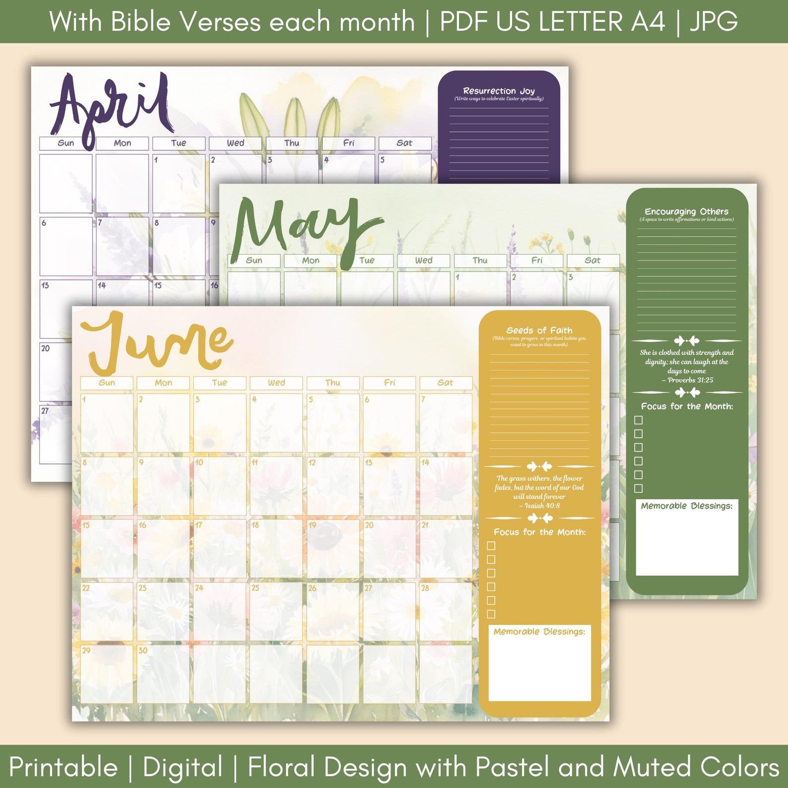 2025 Printable Christian Watercolor Floral Calendar | Landscape | US ...