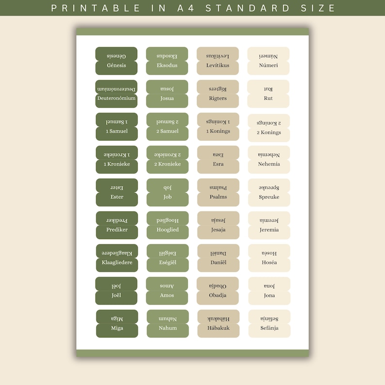 Printable Green Beige Bible Tabs in Afrikaans for Devotion and ...