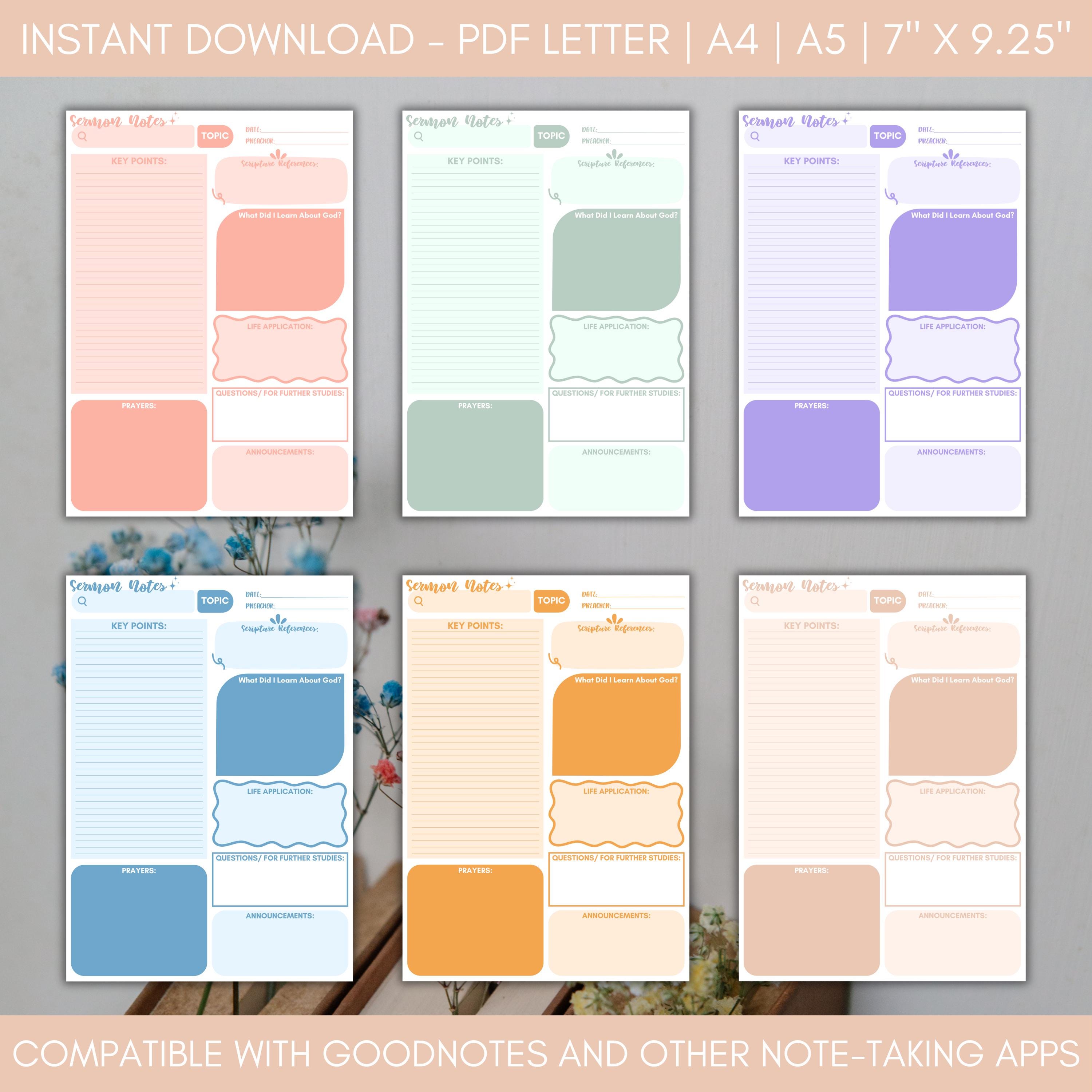 Printable Sermon Notes | Digital Bible Study Journal | Church Service ...