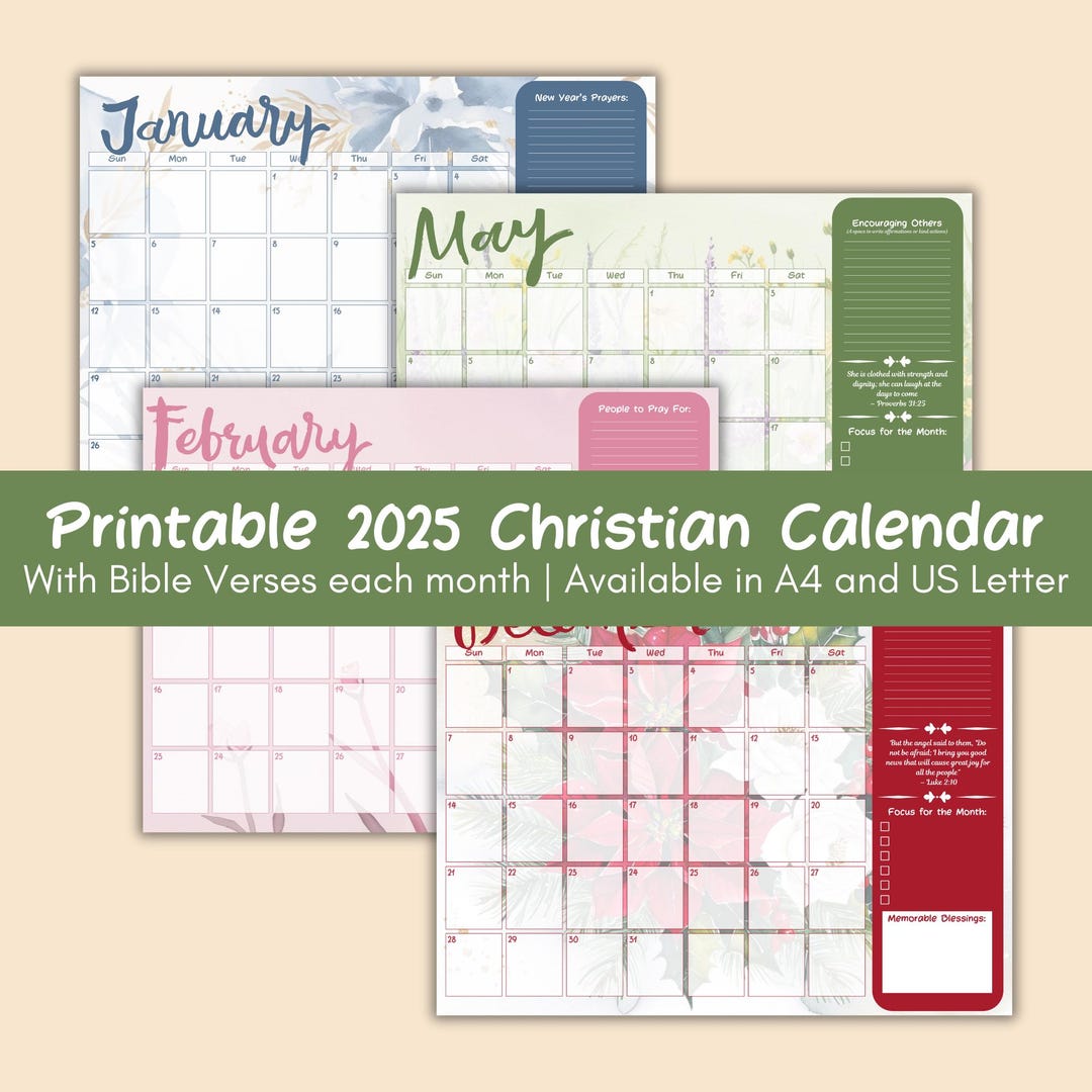 2025 Printable Christian Watercolor Floral Calendar | Landscape | US ...