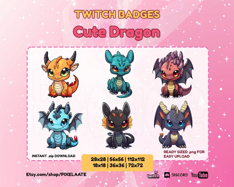 Cute Dragon Sub Badges Twitch | Twitch Sub Emotes | Twitch Bit Badges ...