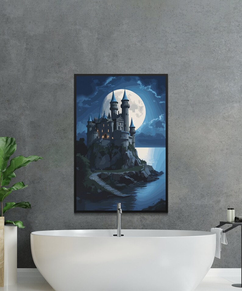 Fantasy Castle at Night, Full Moon Digital Art, Magical Landscape ...