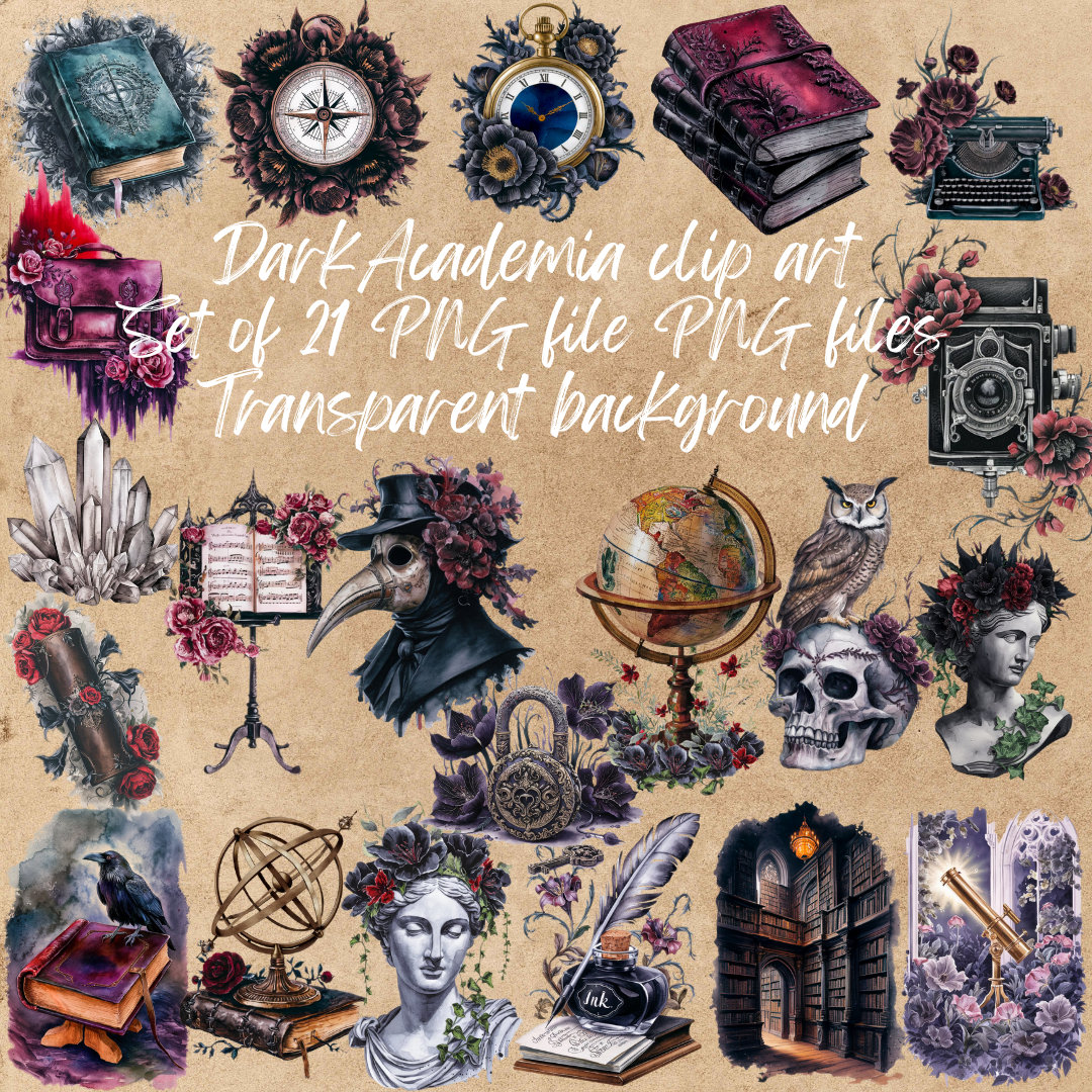 Dark Academia Clip Art Set, 21 High Resolution PNG Files, Transparent ...