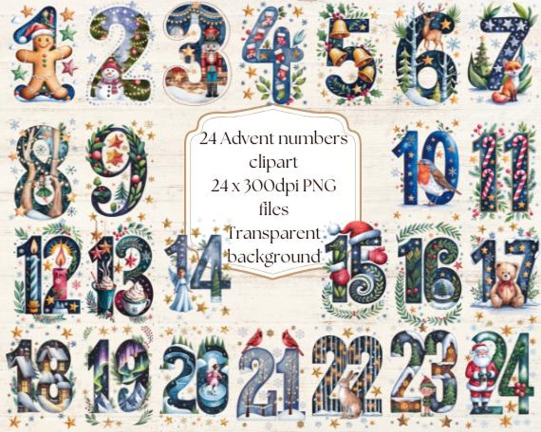 Christmas Countdown Advent Calendar Clipart Png Set, 24 High Resolution ...