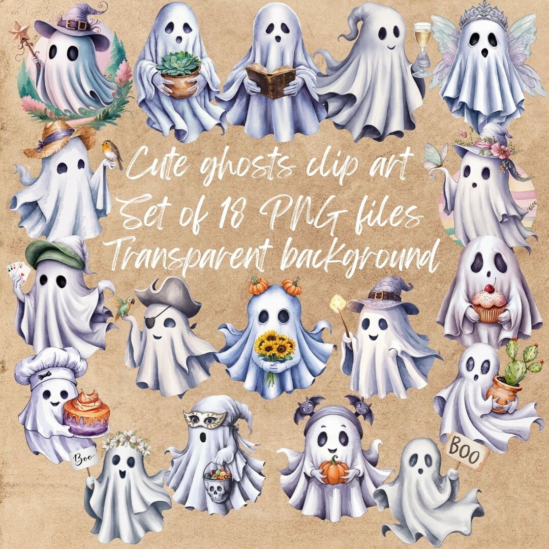 Cute Ghosts Clip Art Set 18 High Resolution PNG Files With Transparent ...