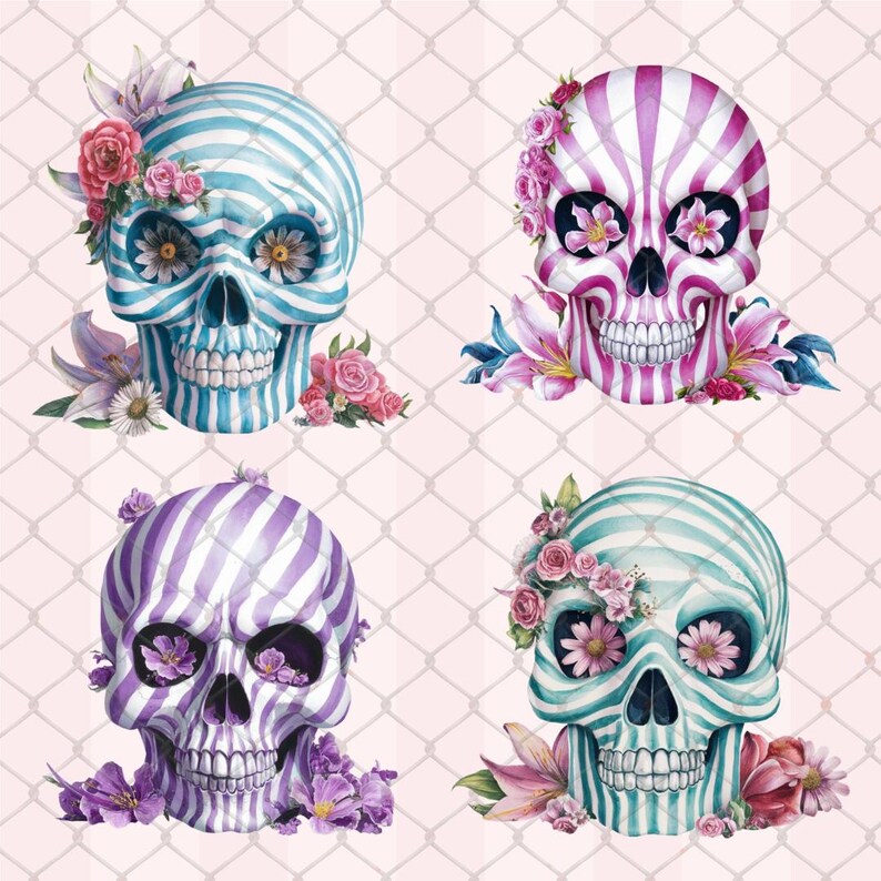 Pastel Halloween Skulls Clipart Set of 12 High Resolution PNG Files With Transparent Background ...