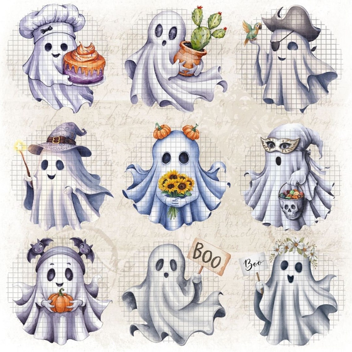 Cute Ghosts Clip Art Set 18 High Resolution PNG Files With Transparent ...