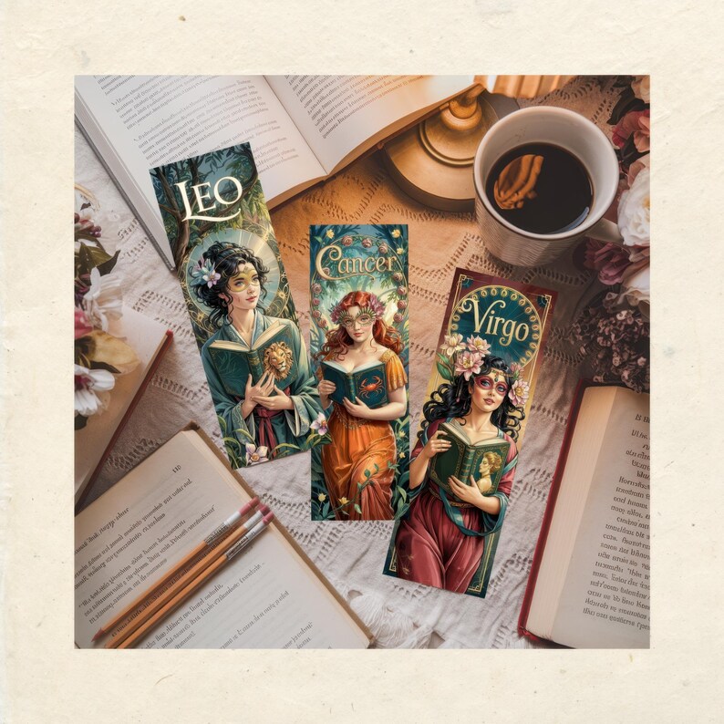Zodiac Sign Bookmark PNG Art Nouveau Designs, Set of 12 High Resolution ...