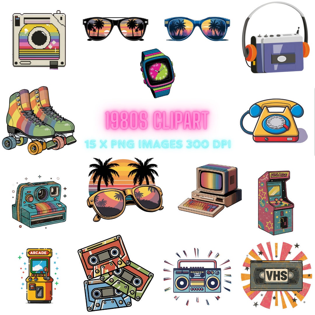 1980s Clip Art Set of 15 High Resolution PNG Files With Transparent ...