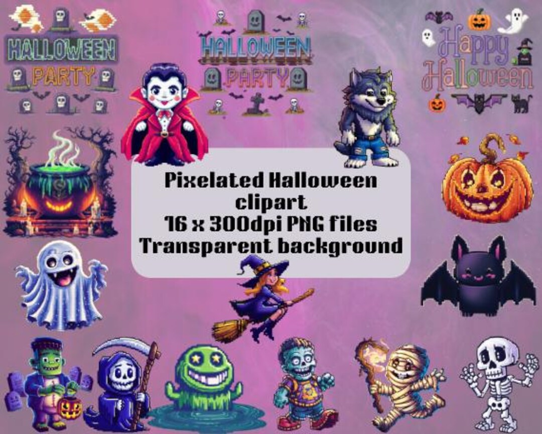 Retro Halloween Pixel Clipart Set, 16 High Resolution PNG Files ...