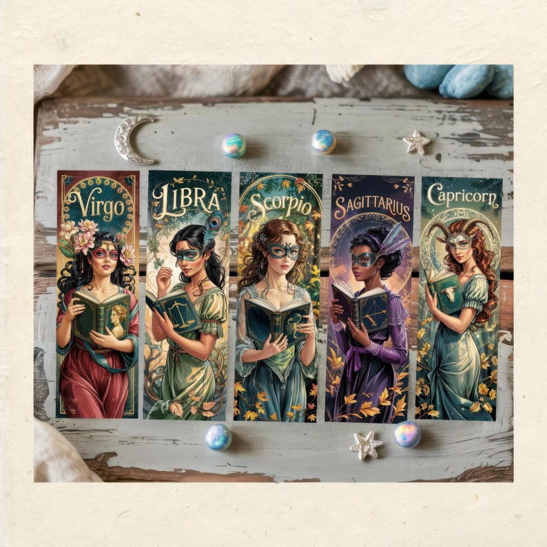 Zodiac Sign Bookmark PNG Art Nouveau Designs, Set of 12 High Resolution ...