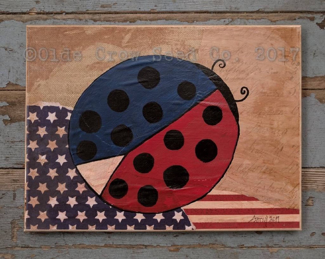 Americana Ladybug Painting 9x12 Original Folk Art Mixed Media - Etsy