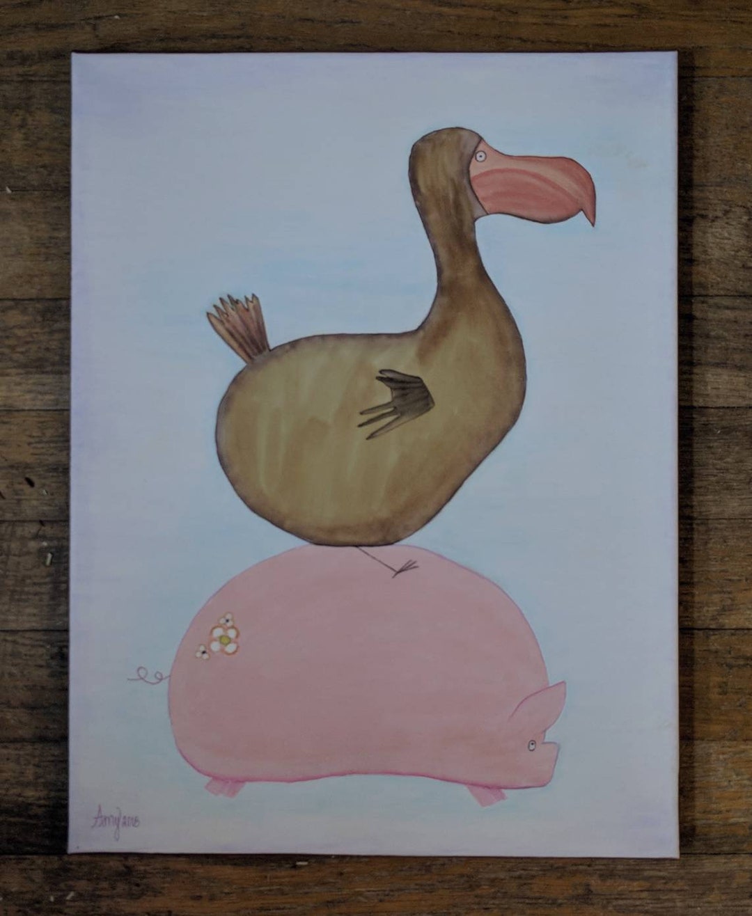 Whimsical Dodo Bird Pig Mixed Media Painting 12x16 Original Folk Art - Etsy