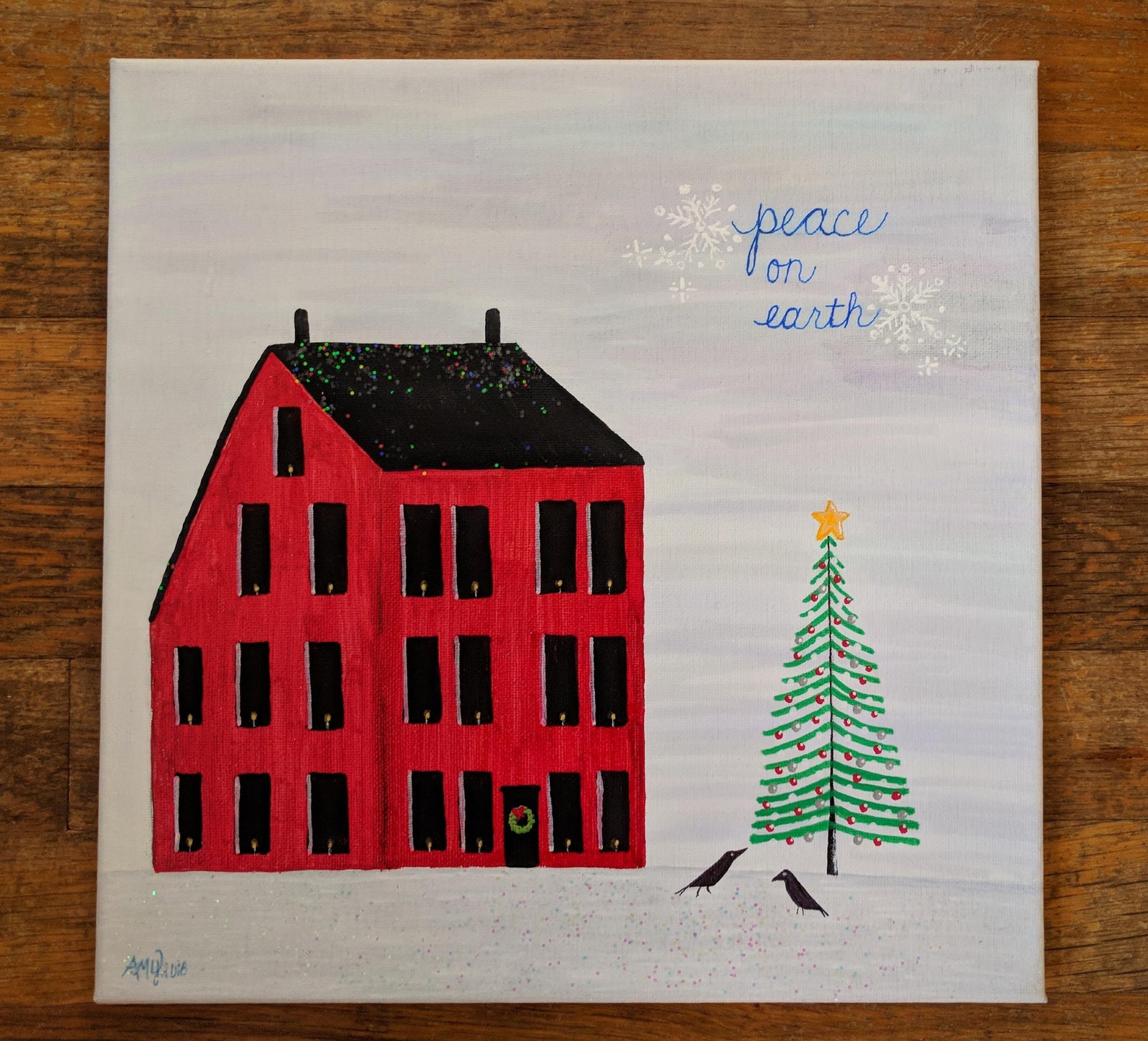 Primitive Winter Christmas Saltbox Painting 12x12 Original Folk Art ...