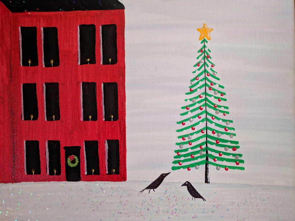 Primitive Winter Christmas Saltbox Painting 12x12 Original Folk Art ...
