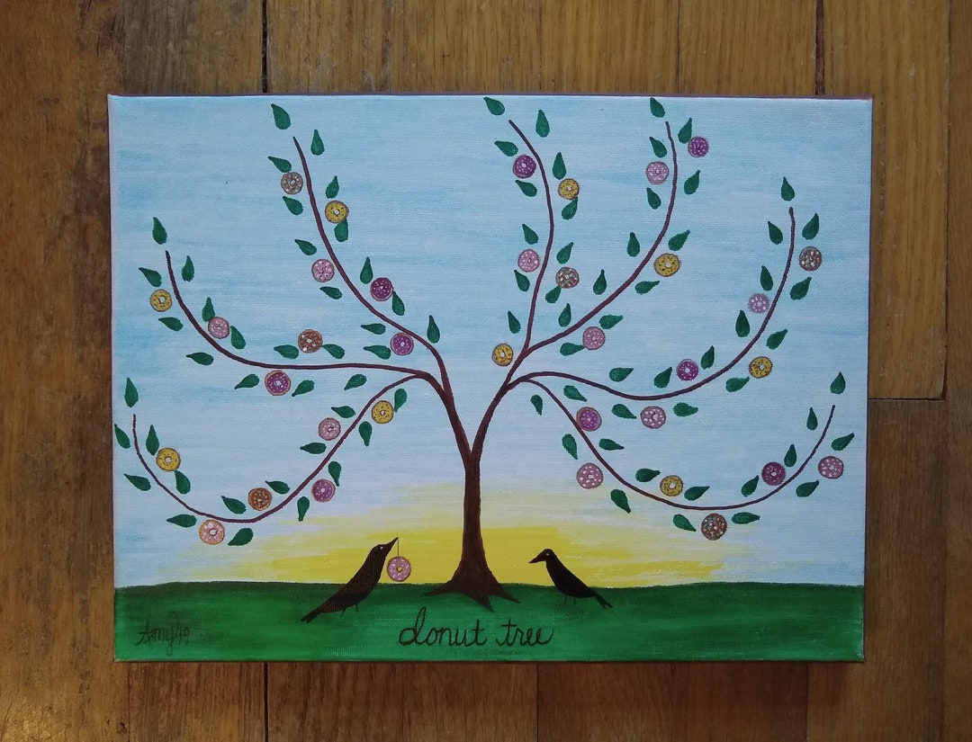 Donut Tree Painting 9x12 Crows Original Folk Art Mixed Media - Etsy