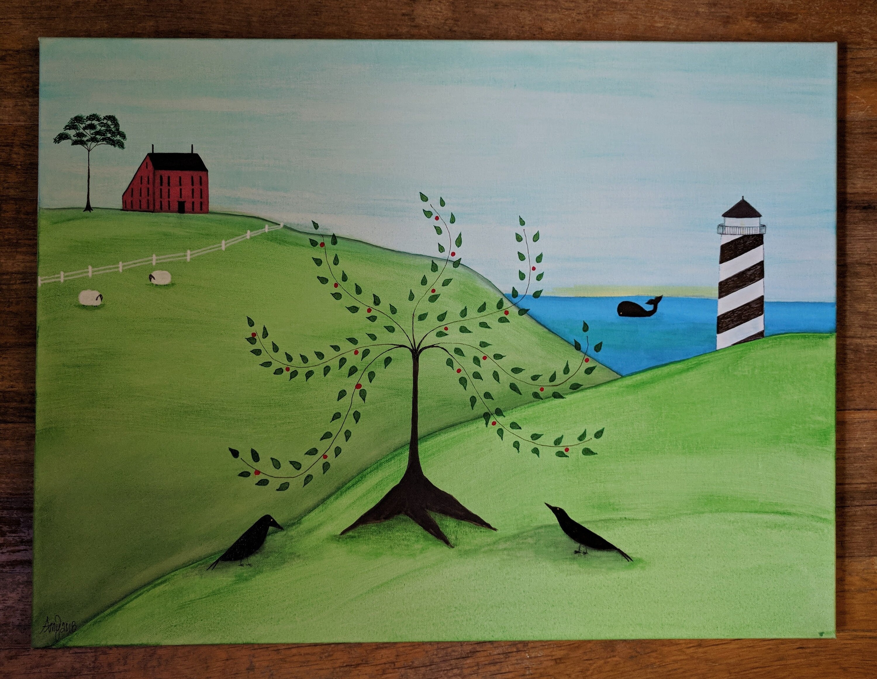 Original Folk Art Landscape Painting 18x24 Primitive Saltbox Lighthouse ...