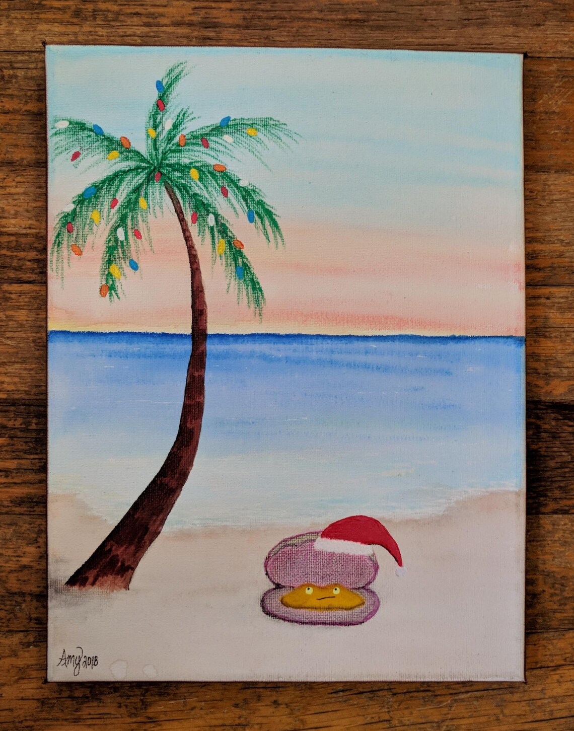 Whimsical Santa Clam Palm Tree Beach Painting 9x12 Original Nautical ...