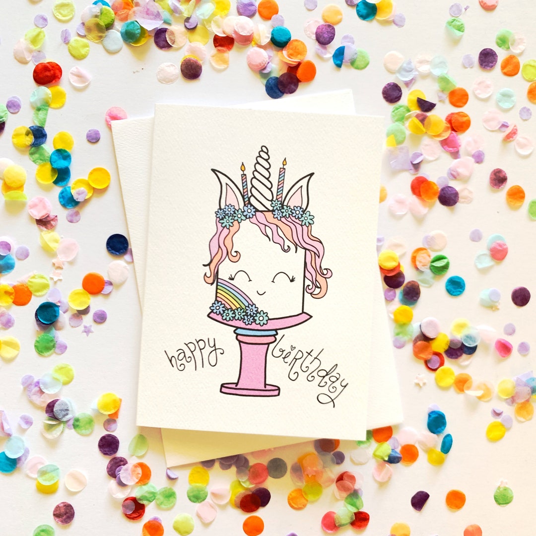 Handmade Unicorn Birthday Card | Illustrated Cake Design - Etsy