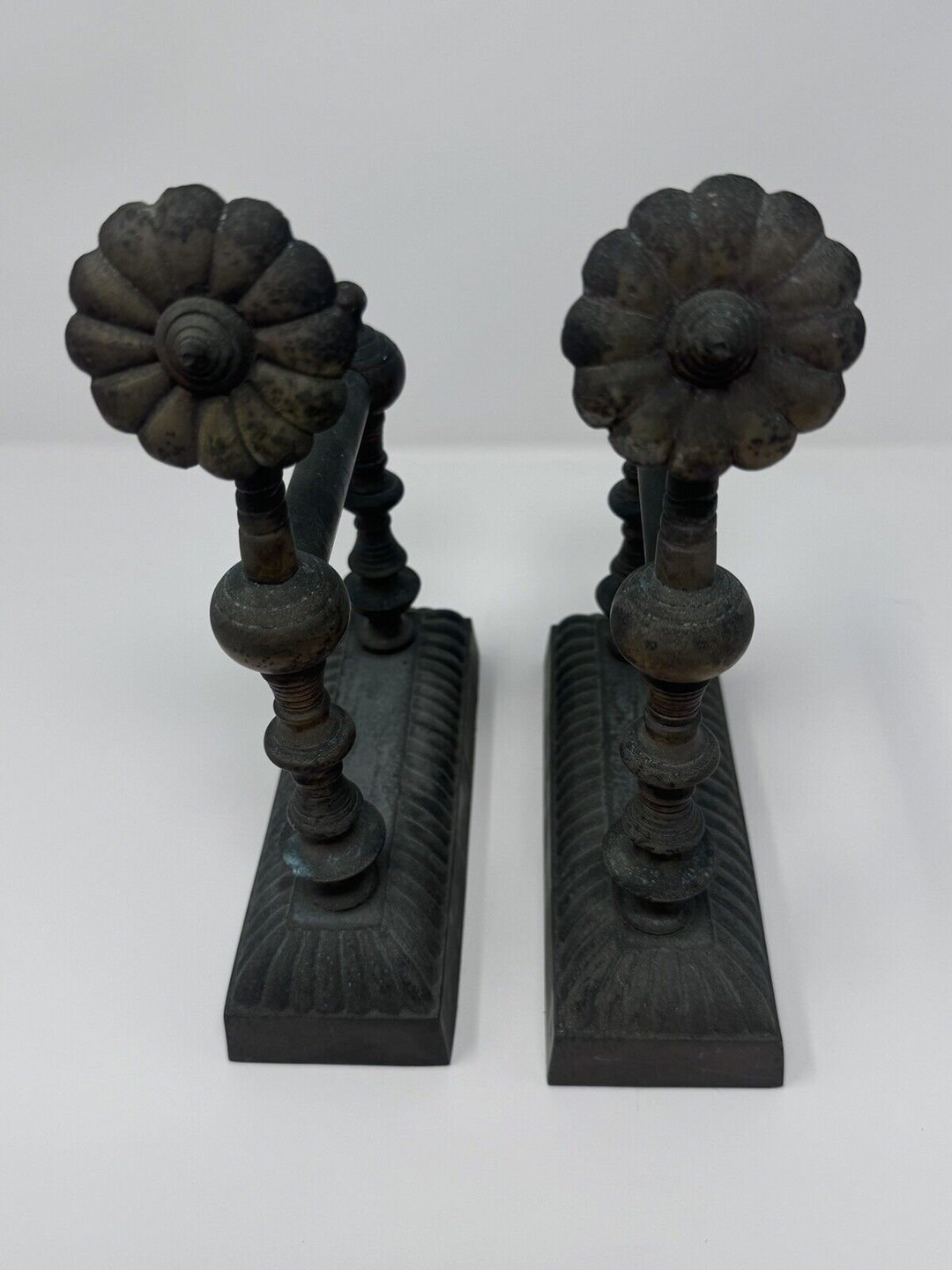 Antique Brass Fireplace Tool Rests (2) Decorative Hearth Flower Patina ...
